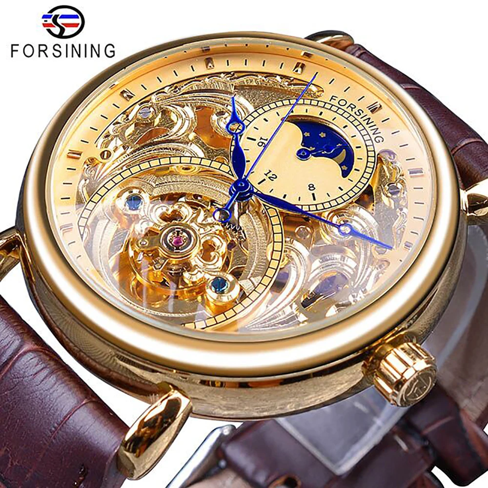 Forsining 2018 Royal Golden Skeleton Display Blue Hands Brown Genuine Leather Belt Mens ...
