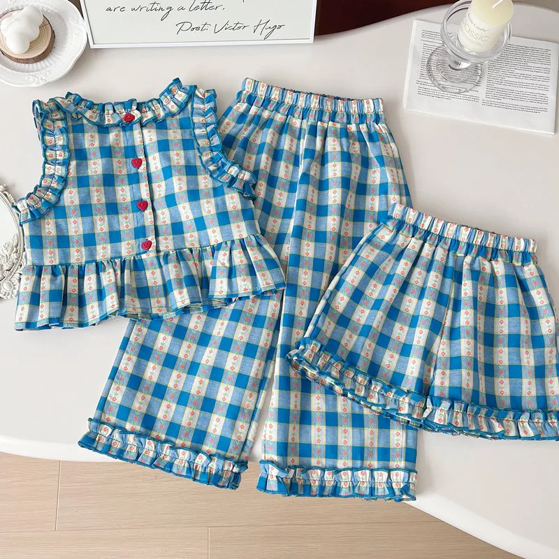 Children-s-Clothing-Sets-Blue-Plaid-Floral-Print-Sleeveless-Top-Wide ...