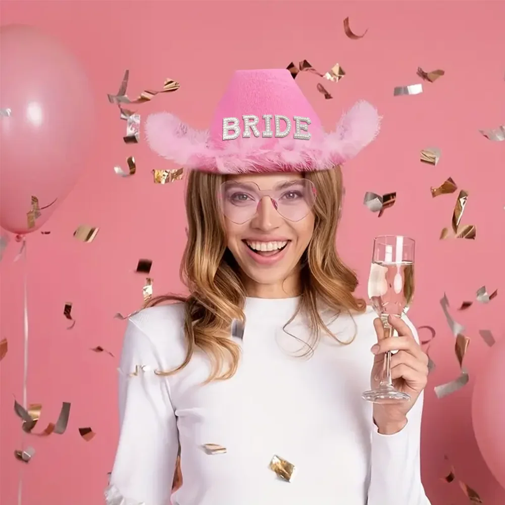 Bride Pearl Letter Pink Fluffy Diamanté Cowboy Hat Bride To Be ...