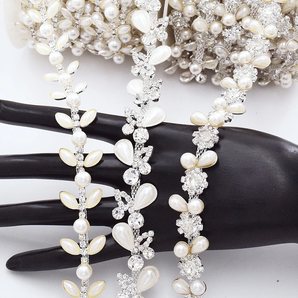 45-90cm-leaf-floral-chain-Rhinestone-pearl-ribbon-chain-Sewn-DIY-for ...