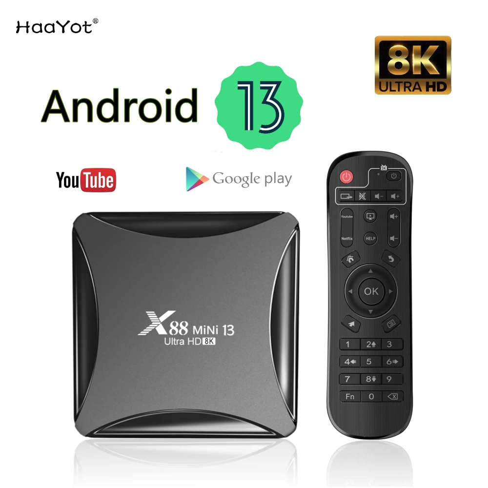 HAAYOT 스마트 미디어 플레이어 셋톱 박스, X88 미니 13 TV 박스, 안드로이드 13 록칩 RK3528 쿼드 코어 Cortex A53 지원, 8K 비디오 와이파이 ...