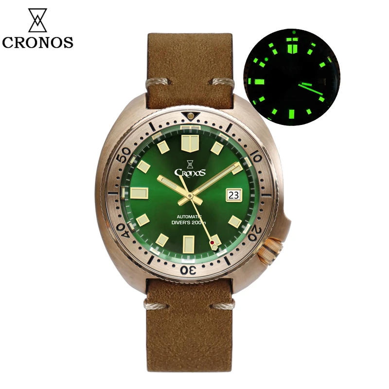 Cronos Turtle Diver Men Watch Bronze Automatic Pt5000 Rotating Bezel Sapphire Crystal Leather ...
