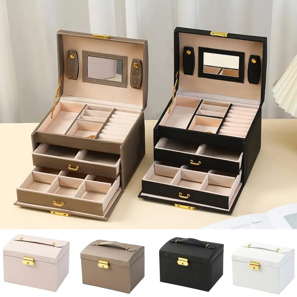 Practical Jewelry Box with Lock Vanity Mirror Drawer Portable Large ...