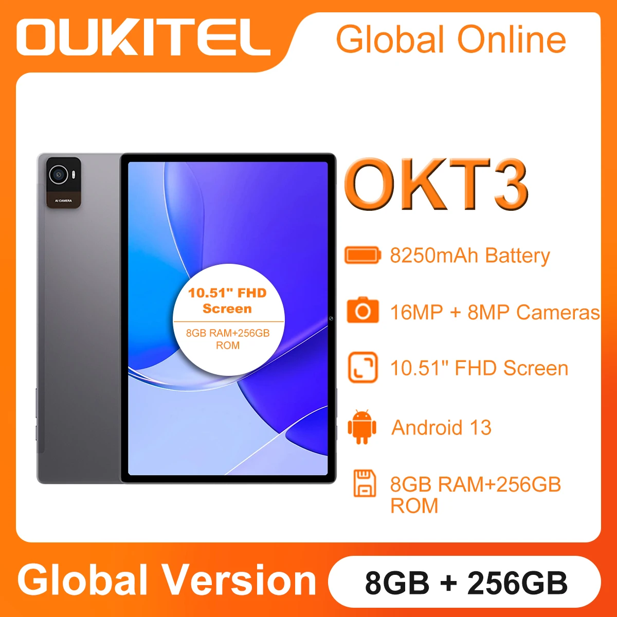 Oukitel OKT3 Tablet 10.51" FHD 8GB 256GB Android 13 Tablet 8250mAh Pad ...