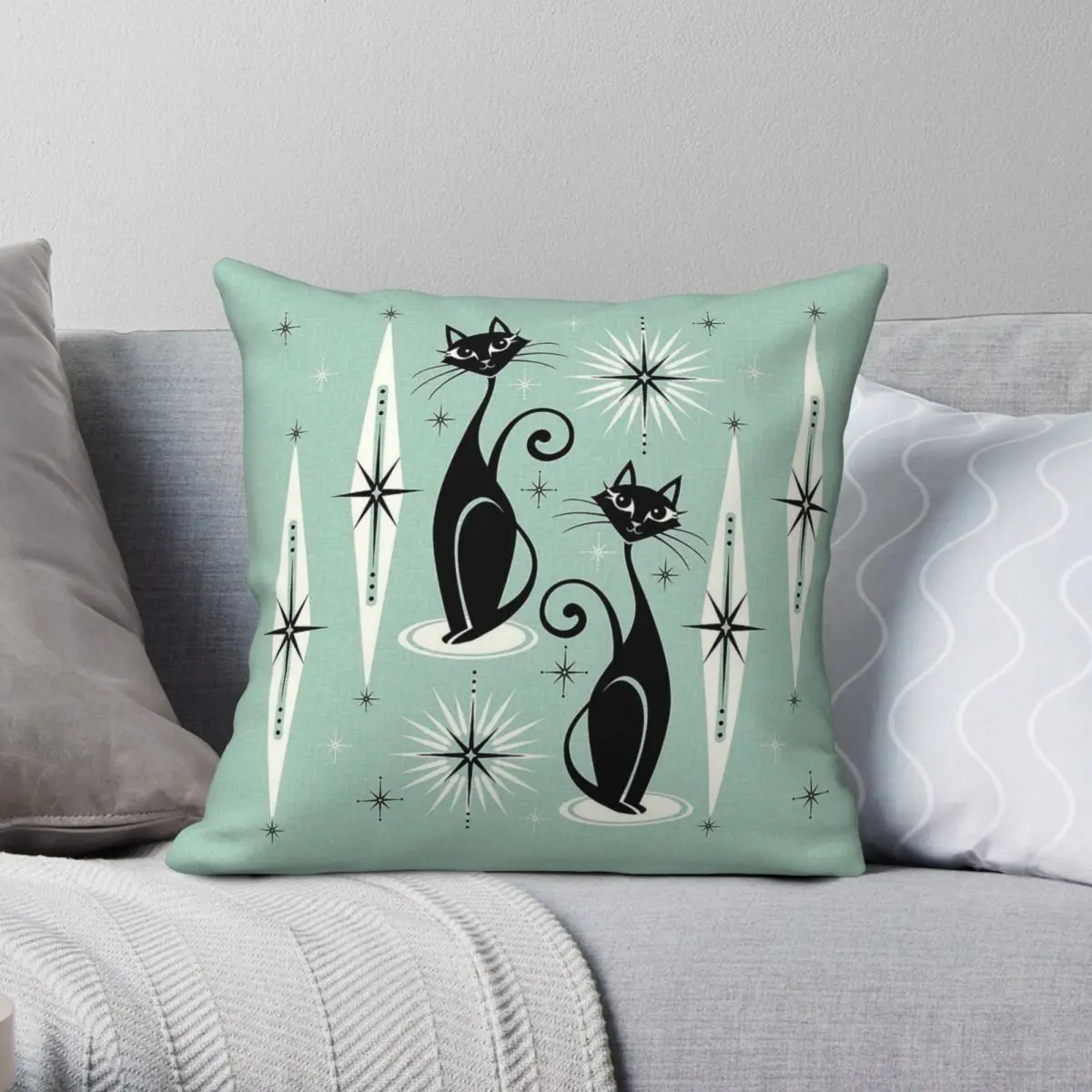 Meow-Retro-Atomic-Cats-On-Mint-Pillowcase-Polyester-Linen-Velvet ...