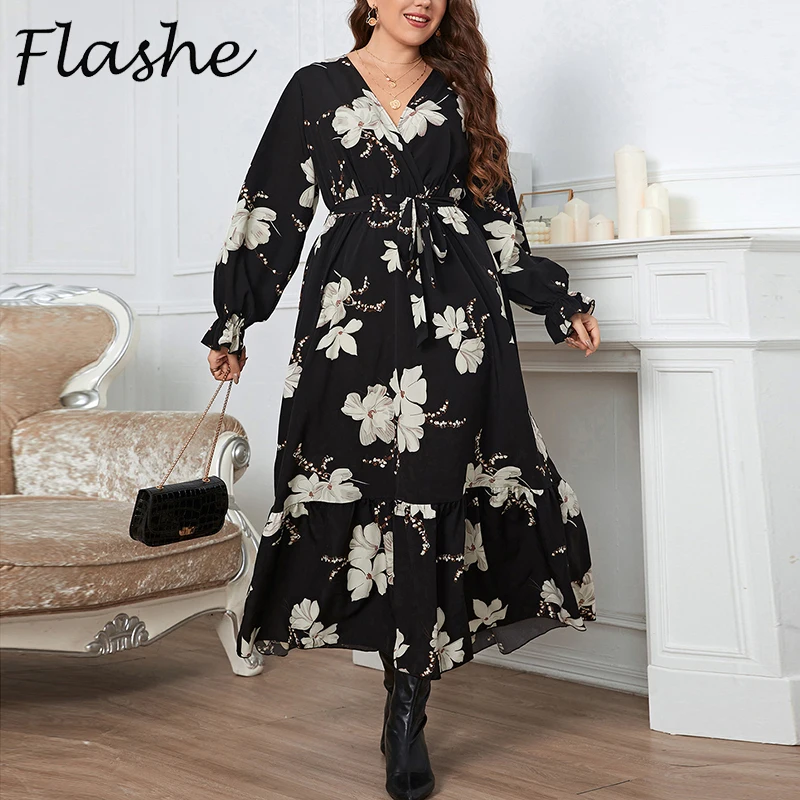 Elegant-Maxi-Dresses-For-Women-V-Neck-Long-Sleeve-Flower-Print-Long ...