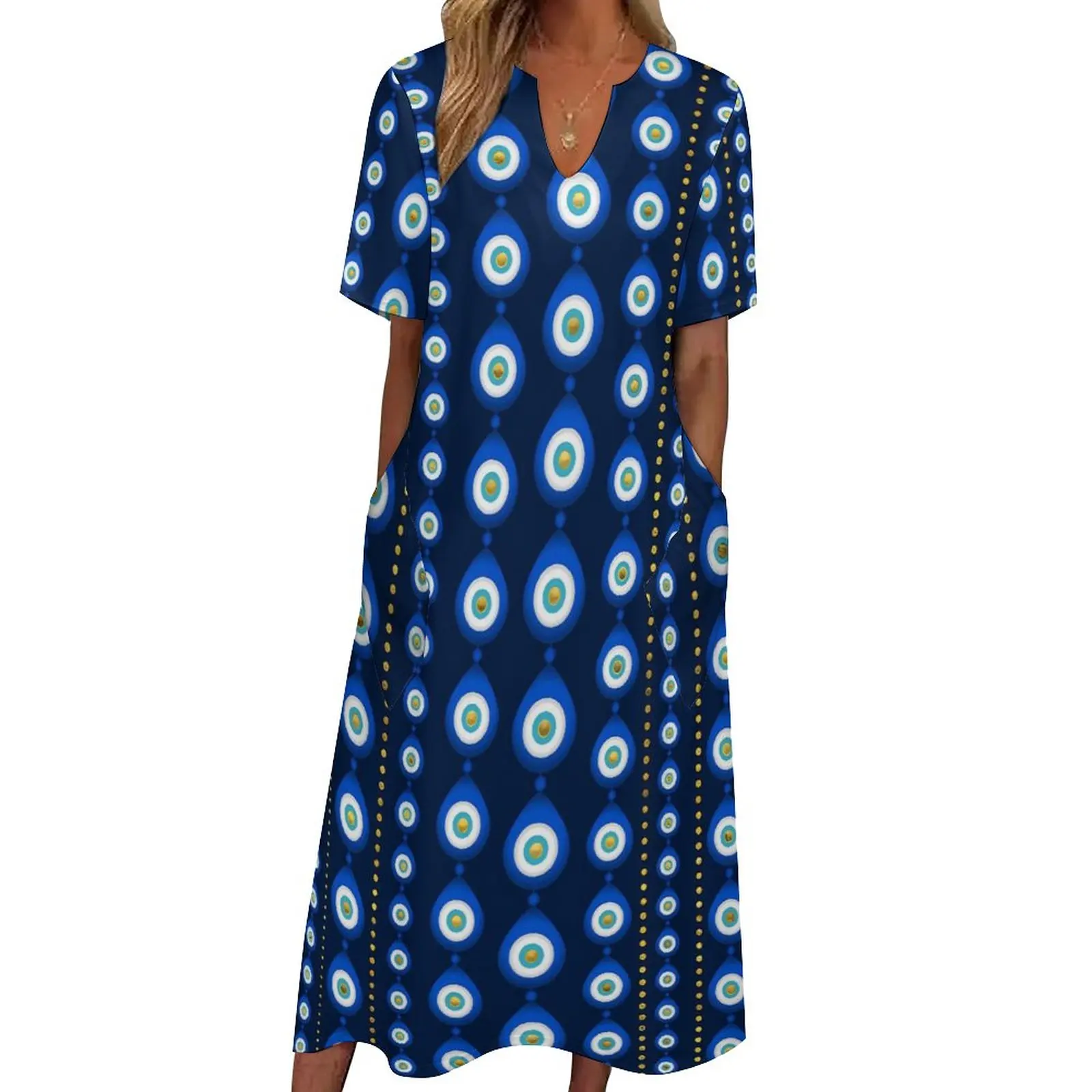 Evil-Eye-Print-Dress-Blue-And-Gold-Trendy-Maxi-Dress-Short-Sleeve ...