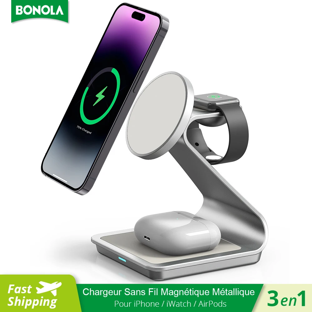 Bonola En Alliage D'aluminium 3 En 1 Magnétique Sans Fil Chargeur Pour Iphone 13/14 28w Chargeur ...