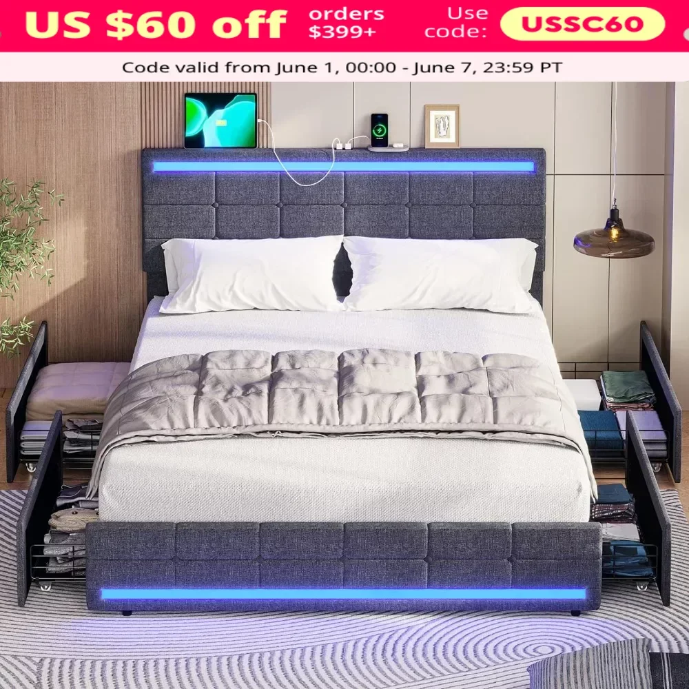 Full-Size-Bed-Frame-with-LED-Lights-Full-Beds-Frames-with-2-USB ...