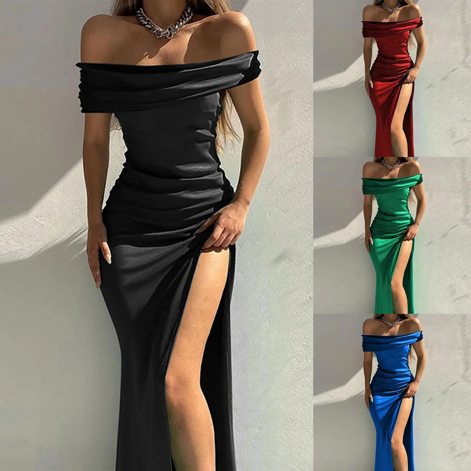 Fashion Solid Color Slash Neck Black High Slit Sexy Formal Champagne ...