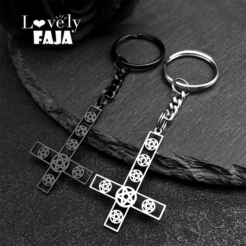 Inverted-Jesus-Cross-Occult-Pentagram-Key-Chain-for-Women-Men-Stainless ...