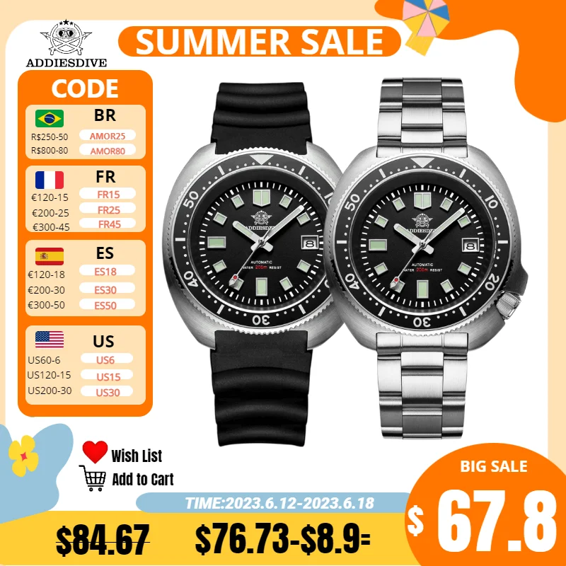 ADDIESDIVE Sapphire Crystals Steel Watch Man Fashion Design Stainless ...