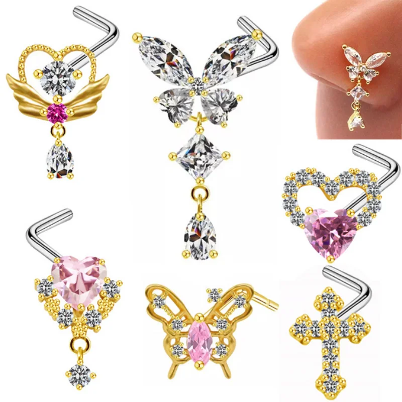 Butterfly Cross 20G L Shape Nose Piercing Ring Nose Stud Nostril Pin ...