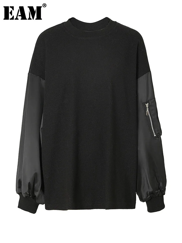 EAM-Loose-Fit-Black-Zipper-Spliced-Sweatshirt-New-Round-Neck-Long ...