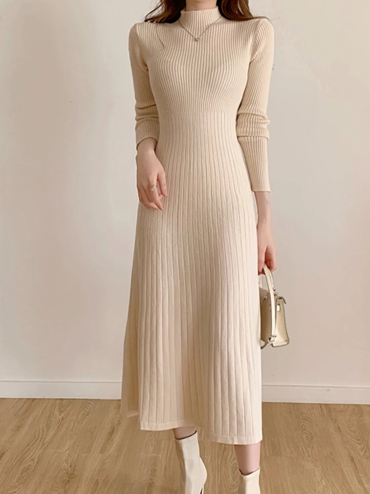Autumn-Winter-Long-Dresses-Women-Elegant-Half-High-Collar-Knitted ...