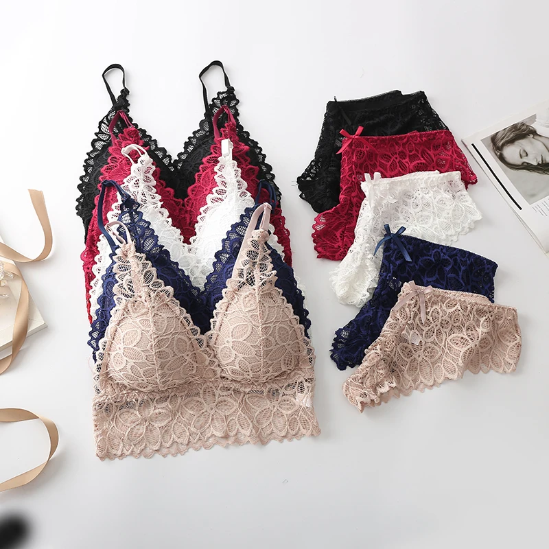 여성 레이스 브래지어 세트 원활한 속옷 Backless 조끼 섹시한 팬티 란제리 패딩 Bralette Ultrathin