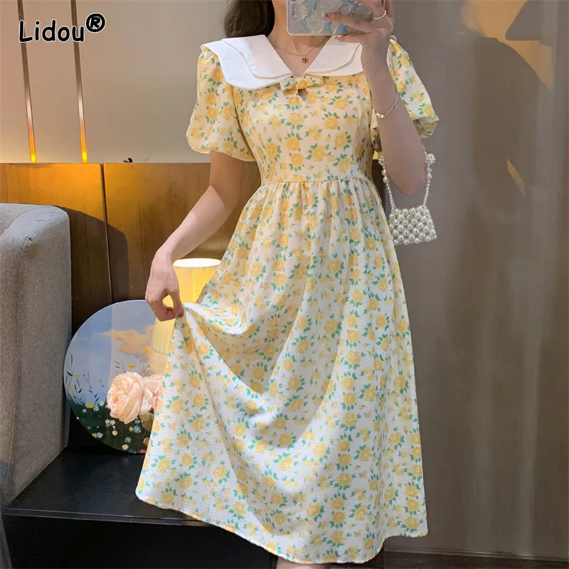 페어리 코어 브로케이드 프린트 피터팬 칼라 드레스 퍼프 슬리브 종아리 중간 꽃 엠파이어 풀오버 여름 여성 의류 활기찬