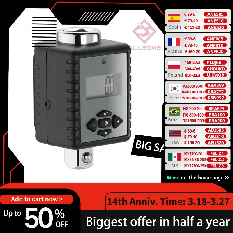 ALLSOME Digital Torque Wrench 1/2" 2- 200Nm Adjustable Professional Electronic Torque Wrench ...