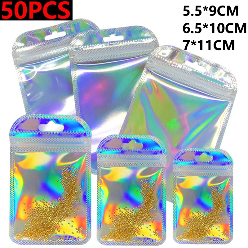 50 pçs laser iridescente zip saco engrossar auto selagem opp sacos saco ...