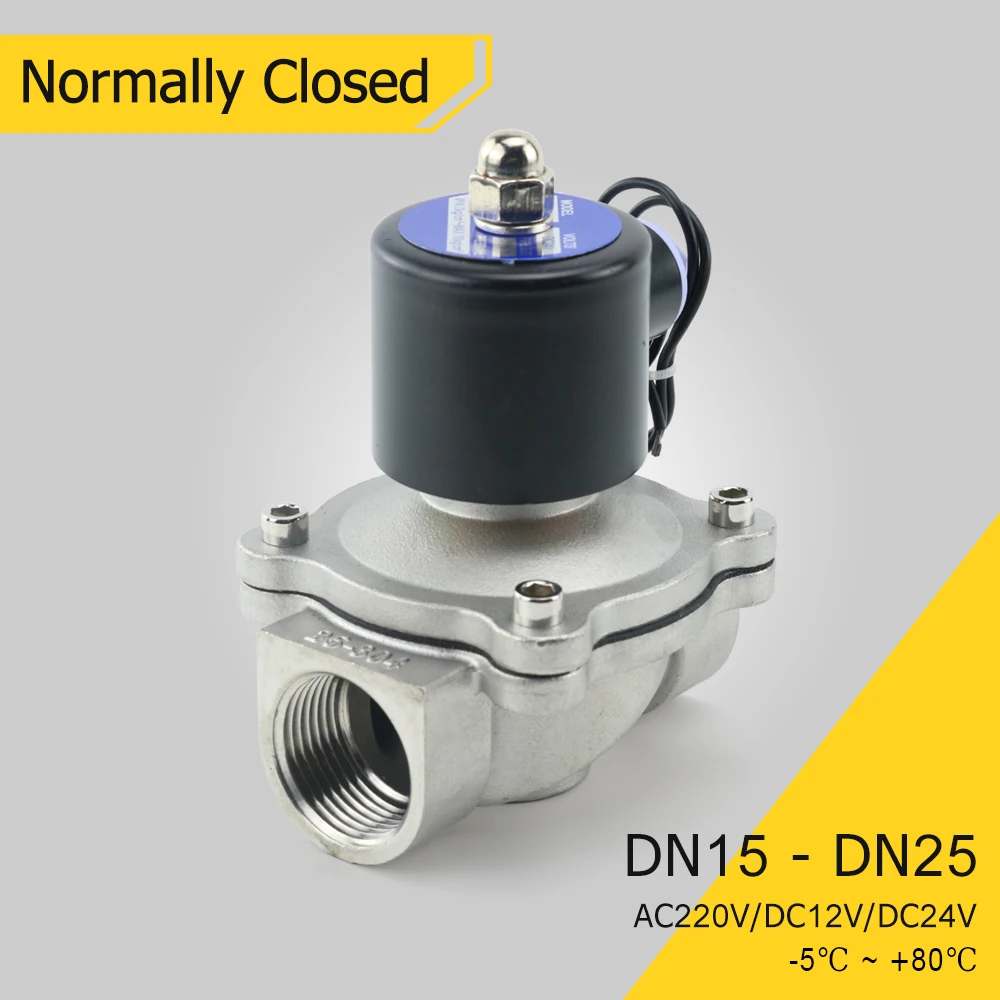 DN15 DN20 DN25 1/2 "3/4" 1 "평상시 닫힘 스테인레스 스틸 솔레노이드 밸브 AC220V DC12V DC24V 물 오일 공기 용 파이프 피팅 ...
