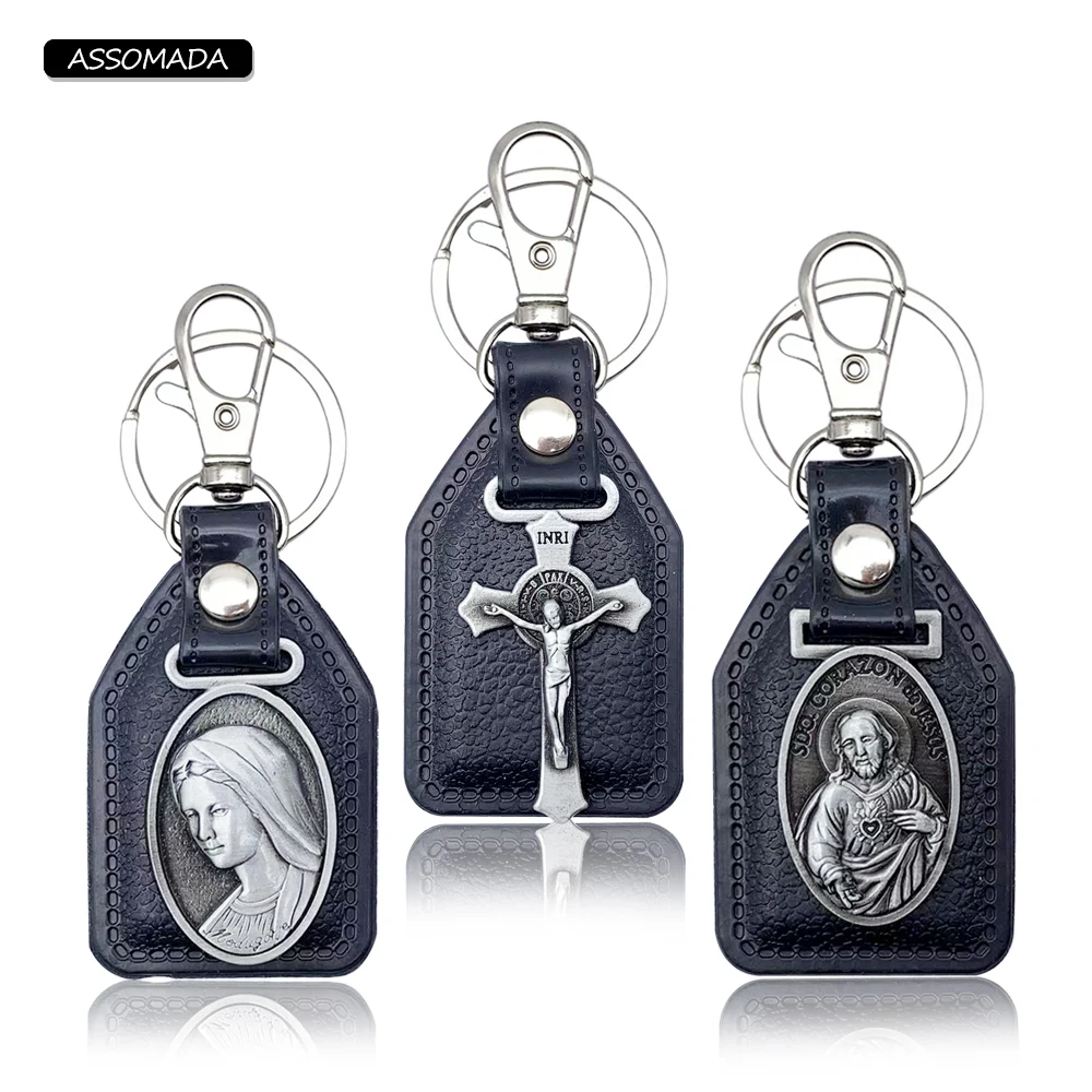 Leather Cross Jesus Keychains Virgin Mary Car Tools For Men Women Gift ...