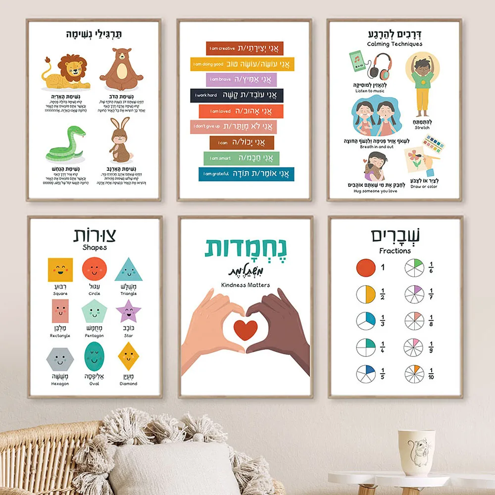 Hebrew-English-Moon-Phases-Color-Shapes-Number-Wall-Art-Canvas-Painting ...