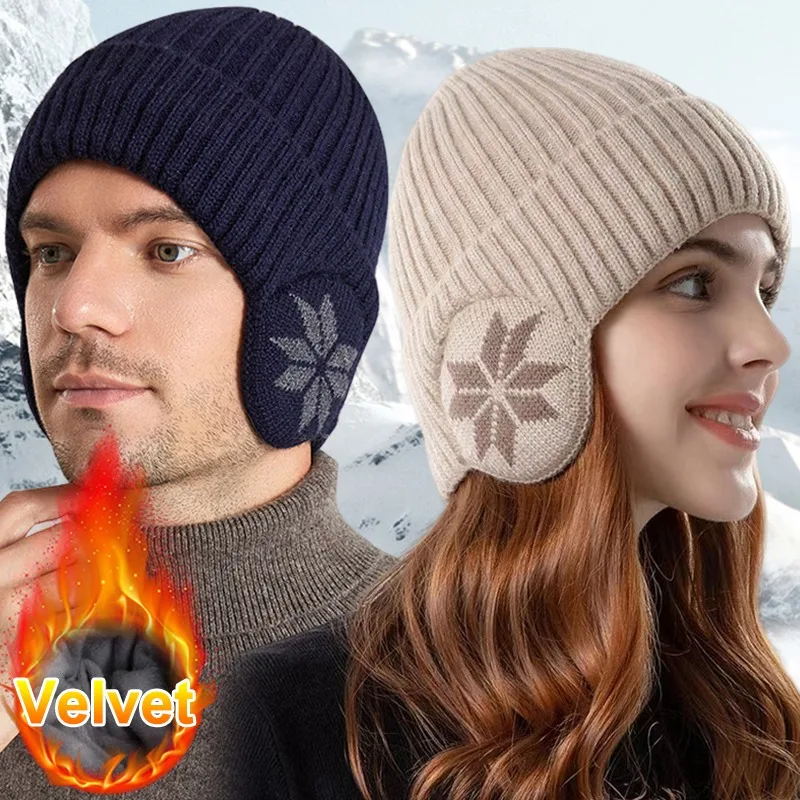 Unisex-Plush-Winter-Beanies-Hat-Snowflake-Pattern-Earmuff-Thicken-Velvet-Outdoor-Cap-Warm ...