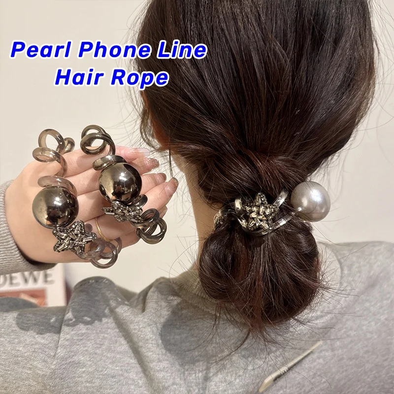 New-Telephone-Line-Elastic-Hair-Rope-Advanced-Sense-Pearl-Hair-Rope ...