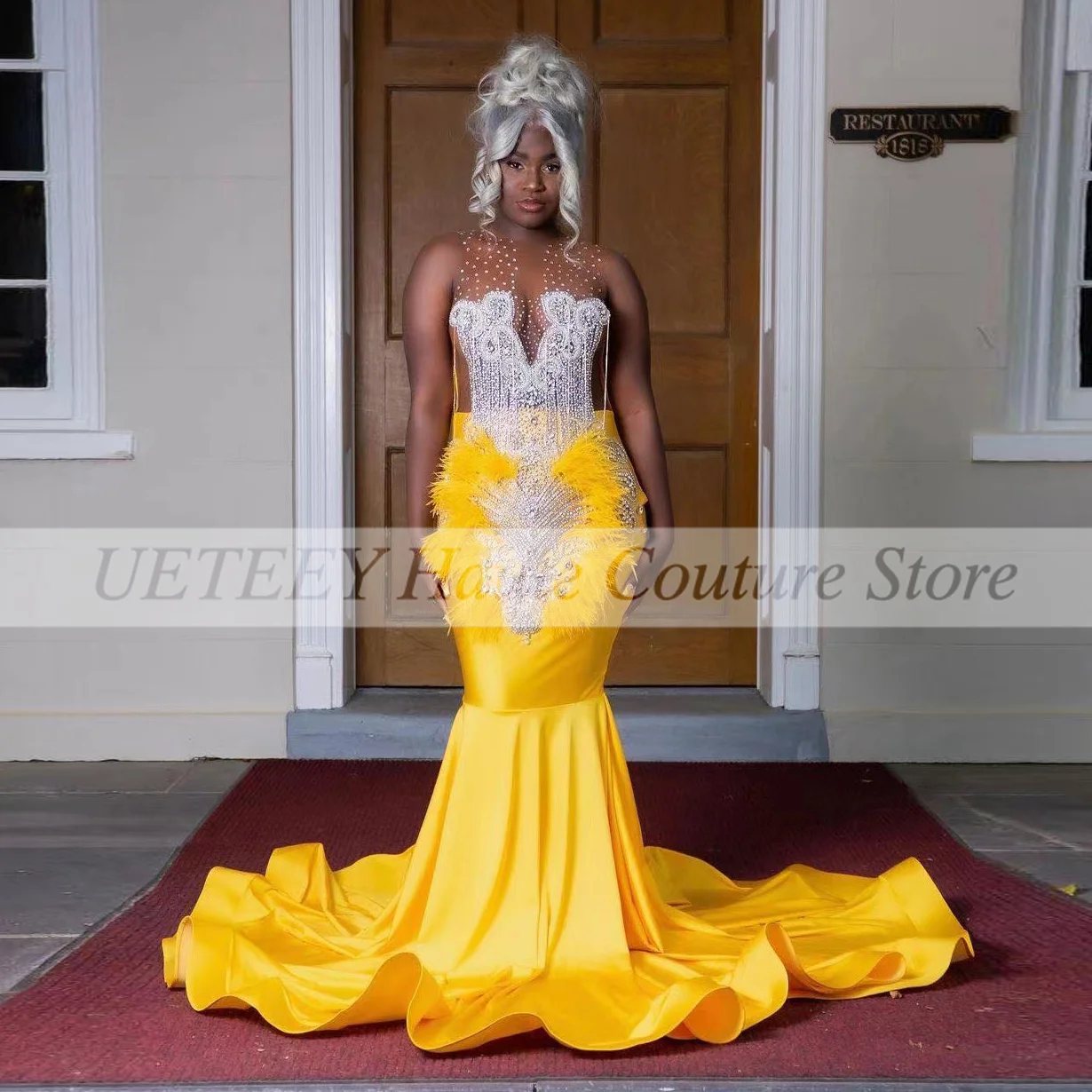 New-Yellow-Mermaid-Prom-Dresses-For-Black-Girls-Beads-Tassels-Feathers ...