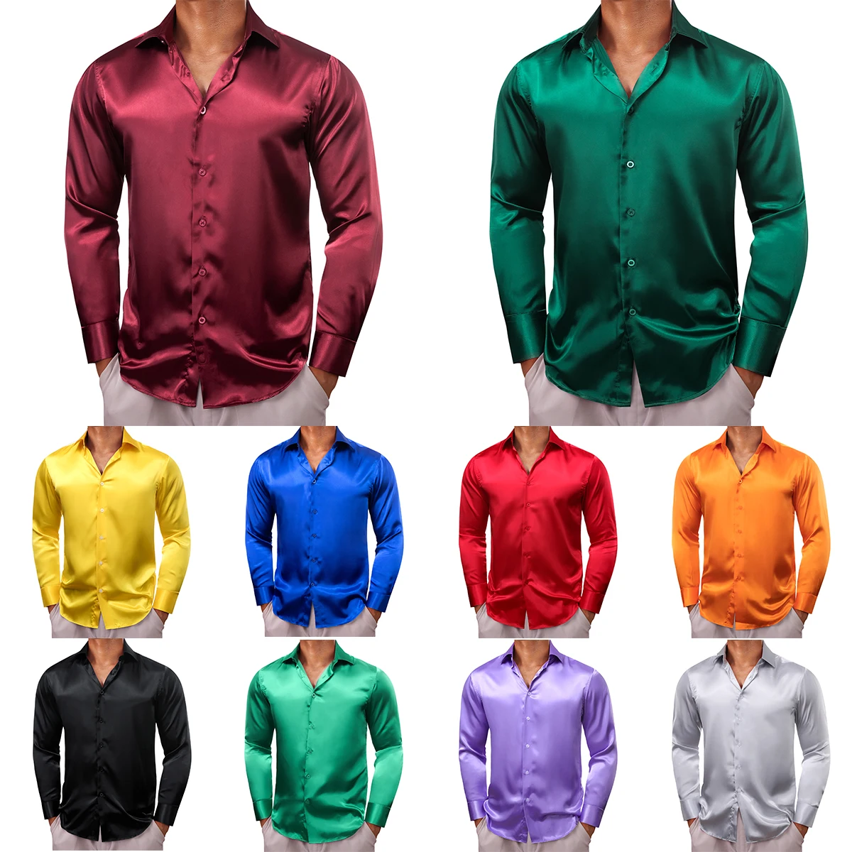 ERRA-WANG-Chemises-en-Satin-Solide-Manches-sulfpour-Homme-V-tements-D ...