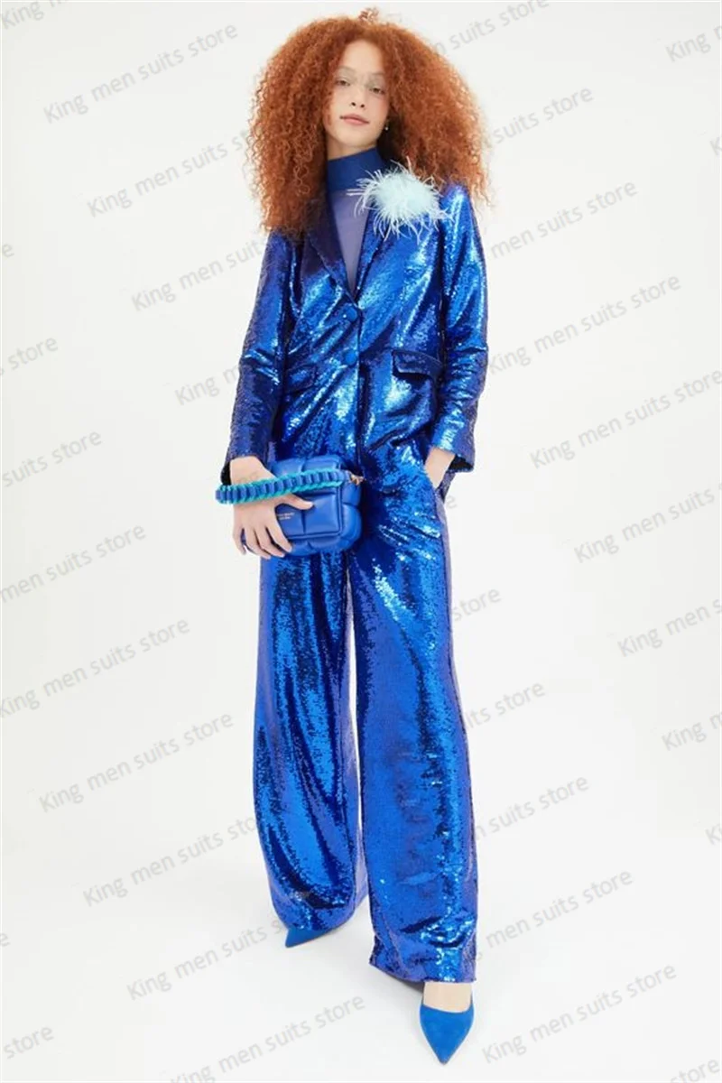 Royal-Blue-Sequins-Women-Pants-Suit-With-Feather-Jacket-Trousers-Custom ...