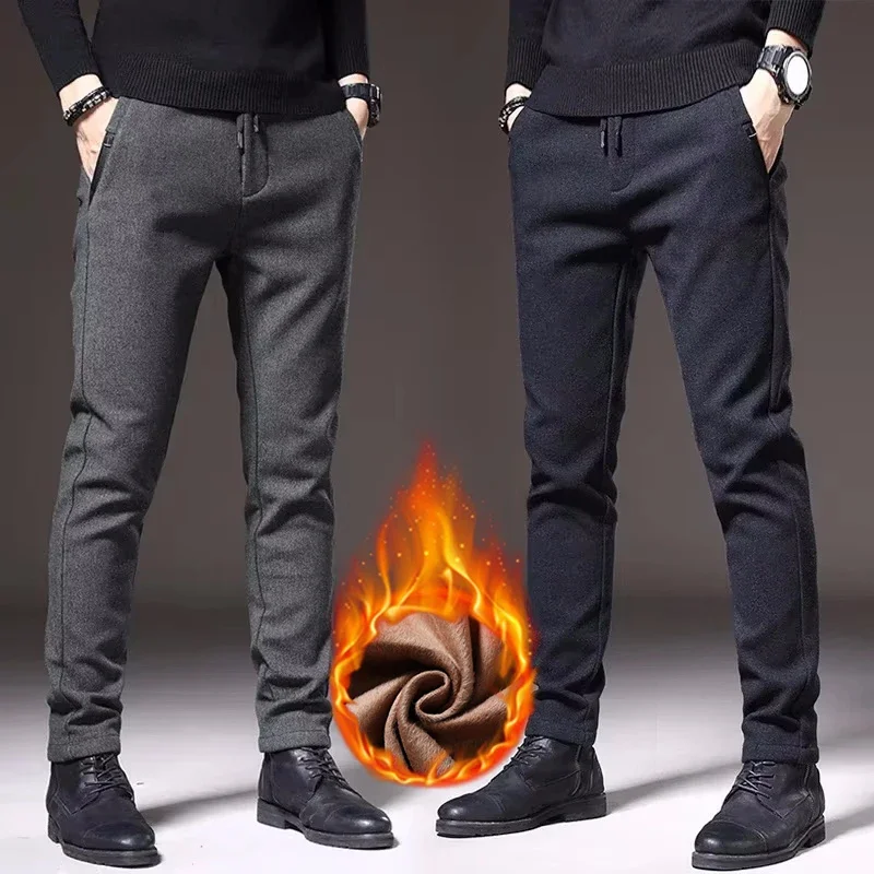 Business Casual Winter Warm Pants Men's Straight Slim Drawstring Design ...
