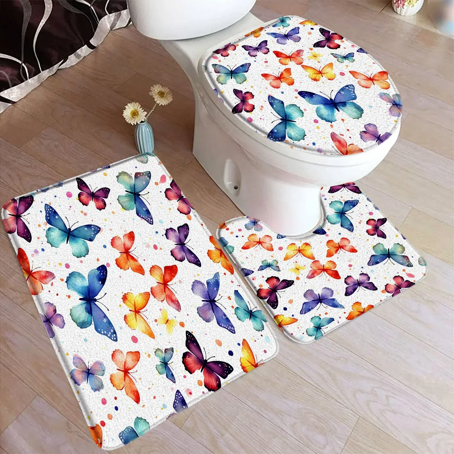 Colourful-Butterfly-Bath-Mat-Set-Watercolour-Butterflies-Abstract-Art ...