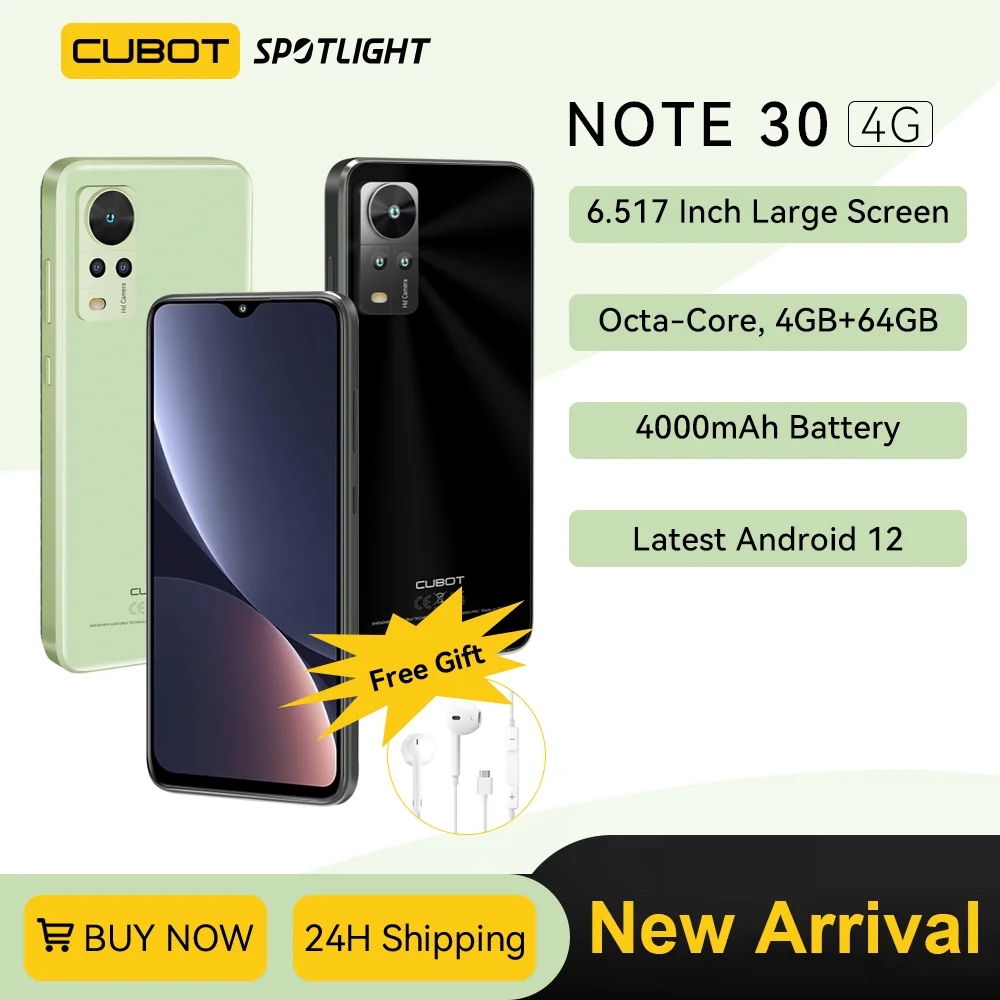 Cubot Note 30, Android 스마트폰 2022, Octa-core, 4GB+64GB(256GB 확장), 6.517인치 화면, 4000mAh, 20MP, 듀얼 ...