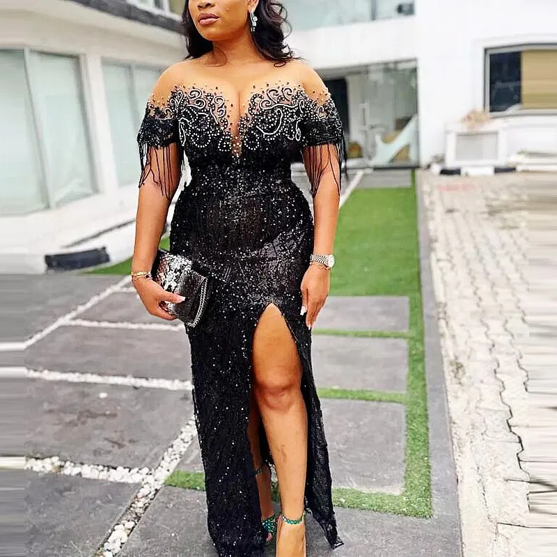 Black-Shiny-Prom-Dresses-Sheer-Neckline-Cap-Sleeves-High-Side-Split ...