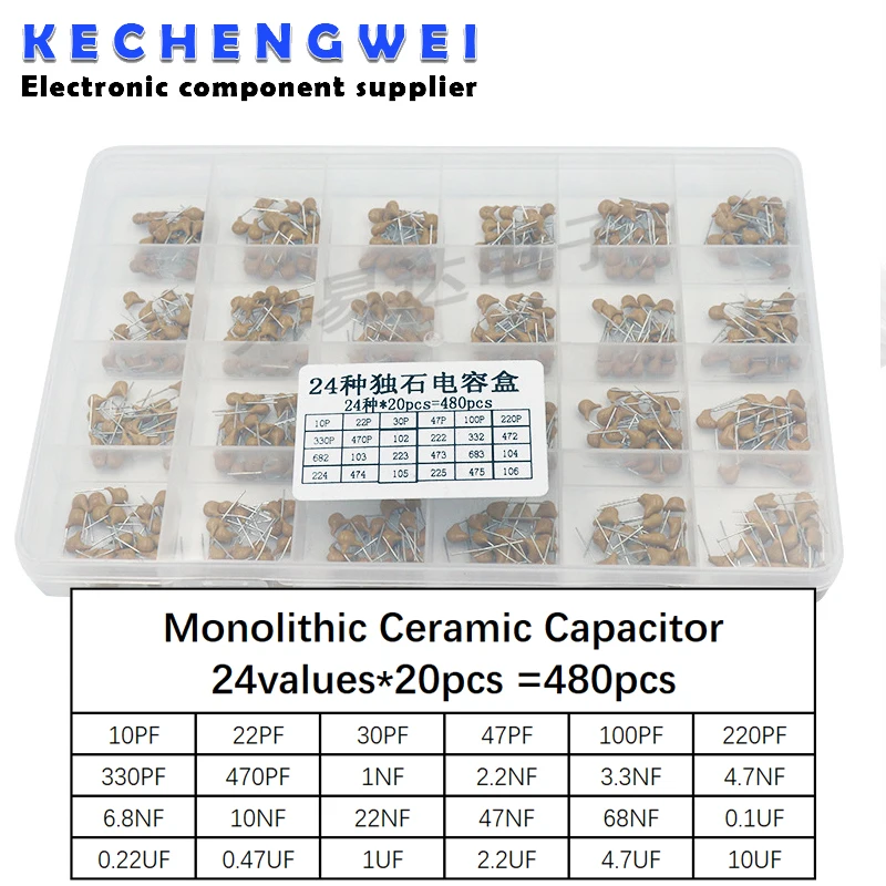24values*20pcs =480pcs Monolithic Ceramic Capacitor 10pF~10uF,ceramic ...