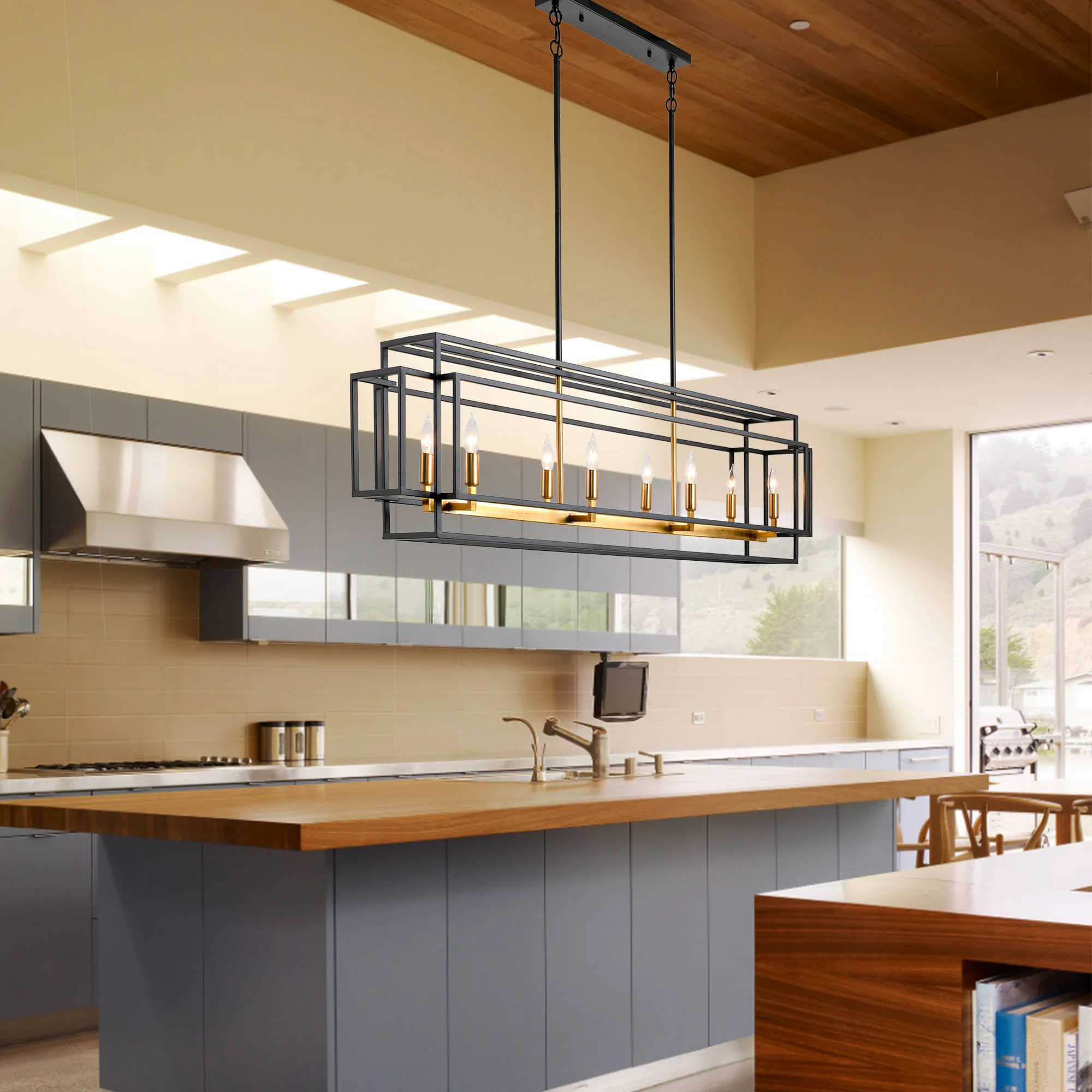 Modern-Linear-Rectangle-Chandelier-for-Dining-Room-8-Light-Metal-Black ...