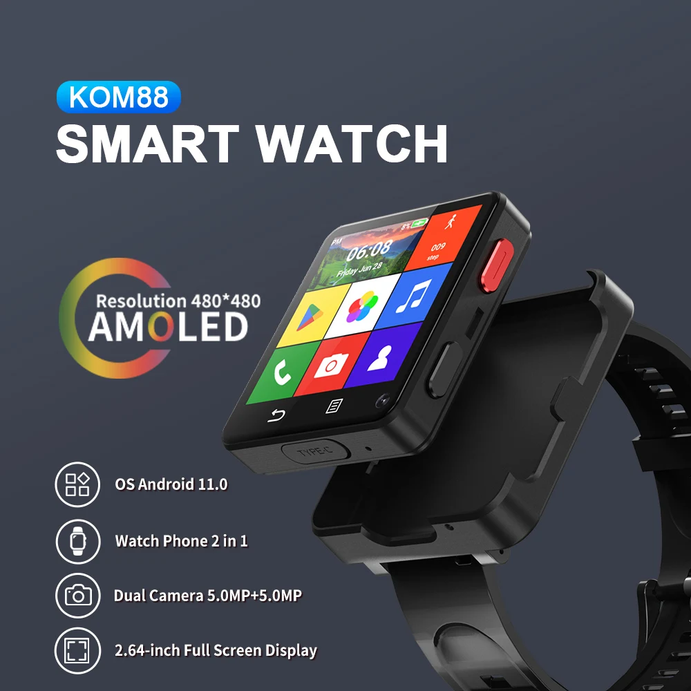 XUESEVEN-KOM88-4G-SIM-Card-Smart-Watch-Android-11-0-OS-WIFI-2-64-inch ...