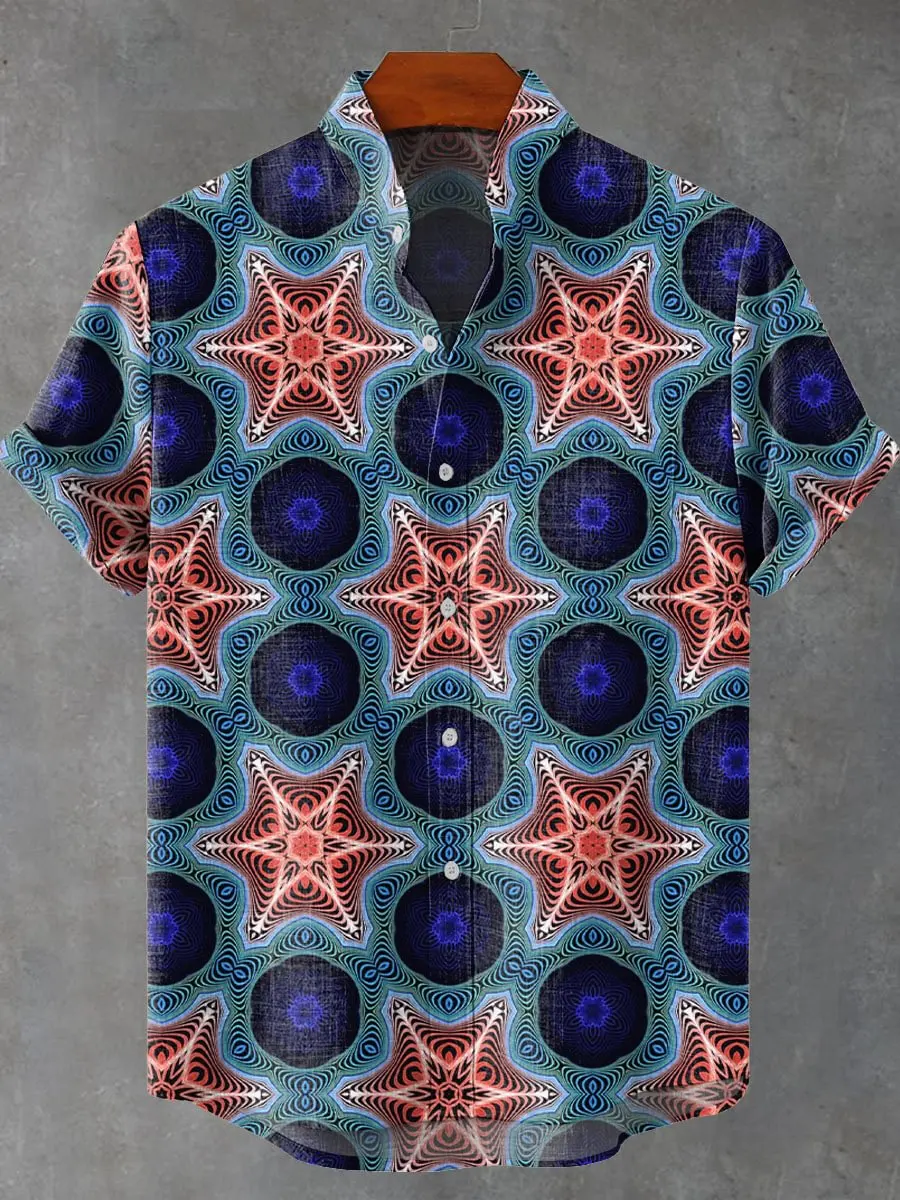 Men's summer new geometric line pattern star decoration pattern linen ...