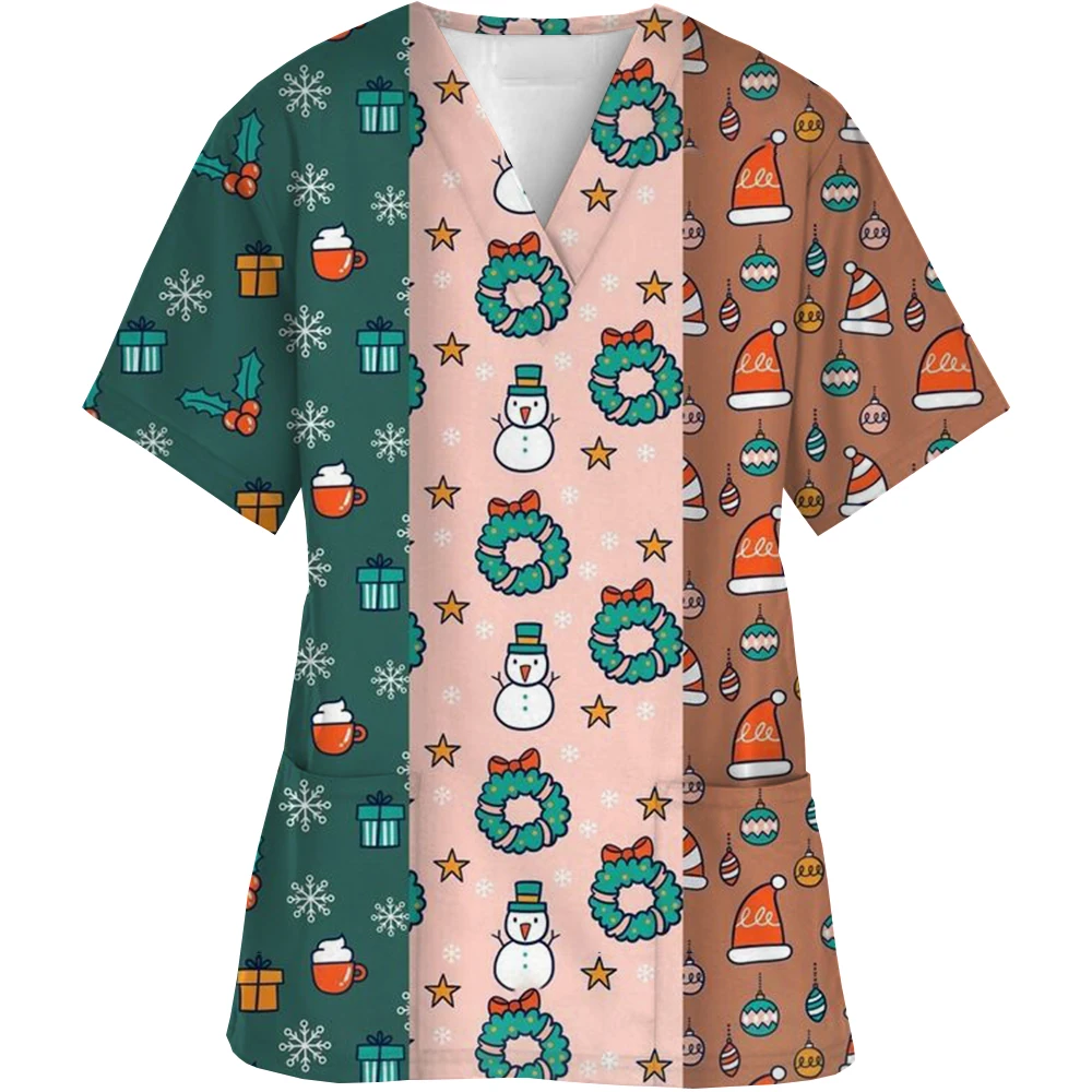 Christmas-Print-Nurse-Uniform-Scrubs-Women-men-Short-Sleeve-Pocket ...