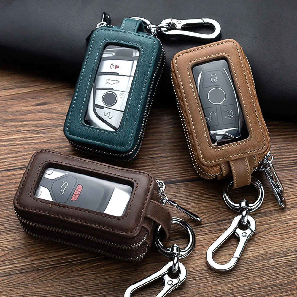 Echtes-Kuh-Leder-Hause-Auto-Keys-Tasche-Doppel-Tasche-Zipper-Mini ...