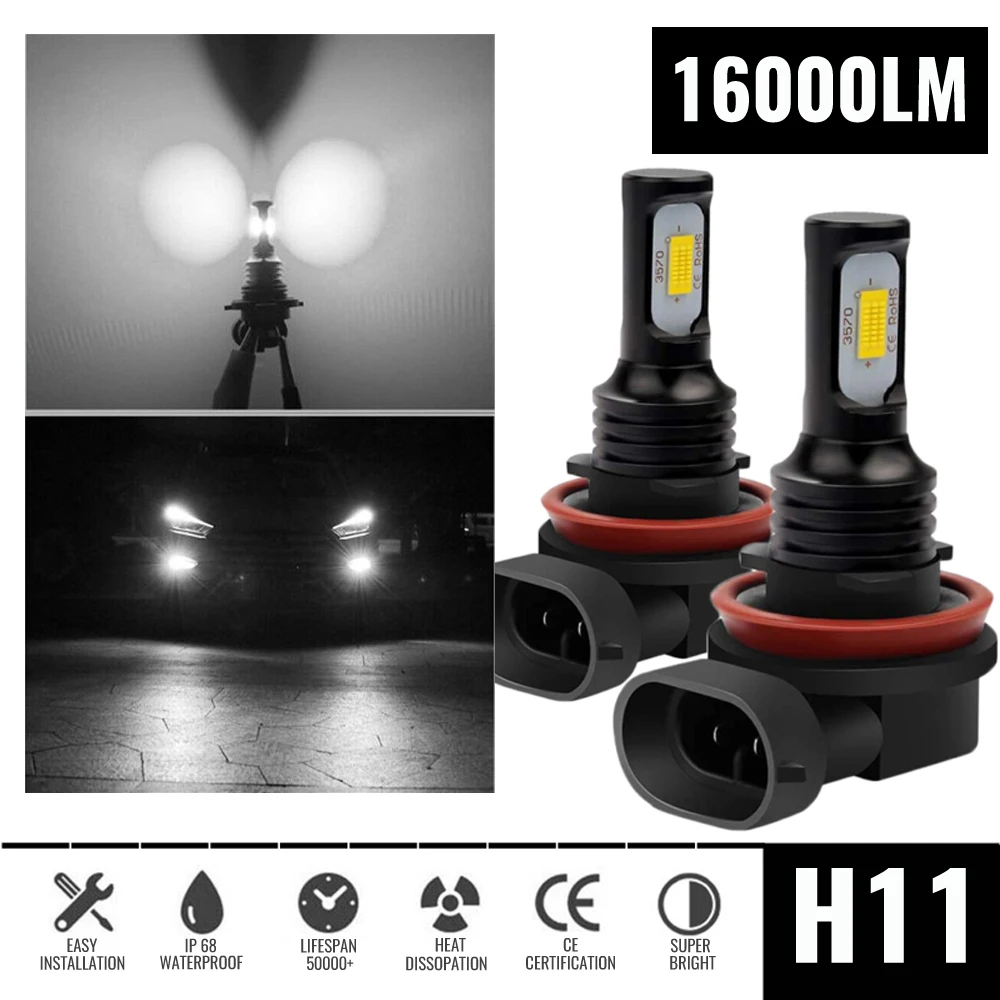 2pcs H8 / H9 / H11 Led Headlight Super Bright Bulbs Kit 6500k White 16000lm 80w High/low Beam ...