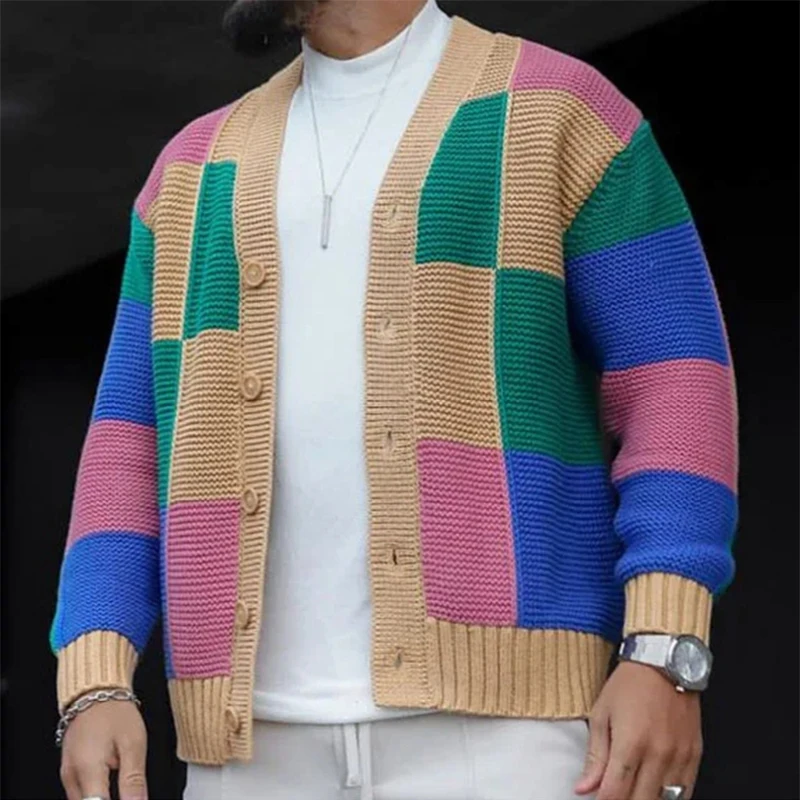 Retro Patchwork Casual Single Breasted V-Neck Fashion Sweater Cardigan