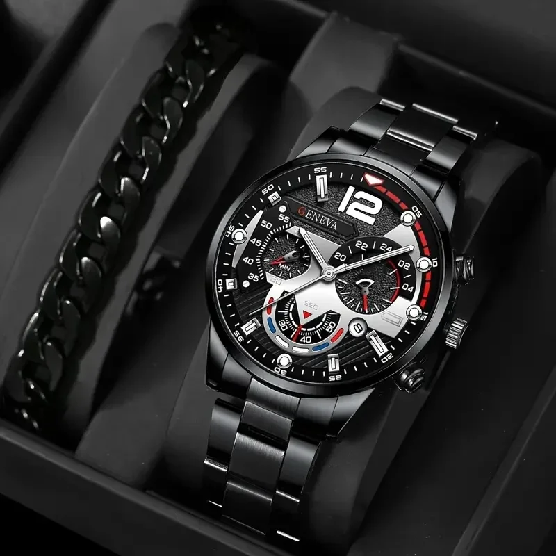 A men's new popular steel strip fashion business three eye quartz watch ...