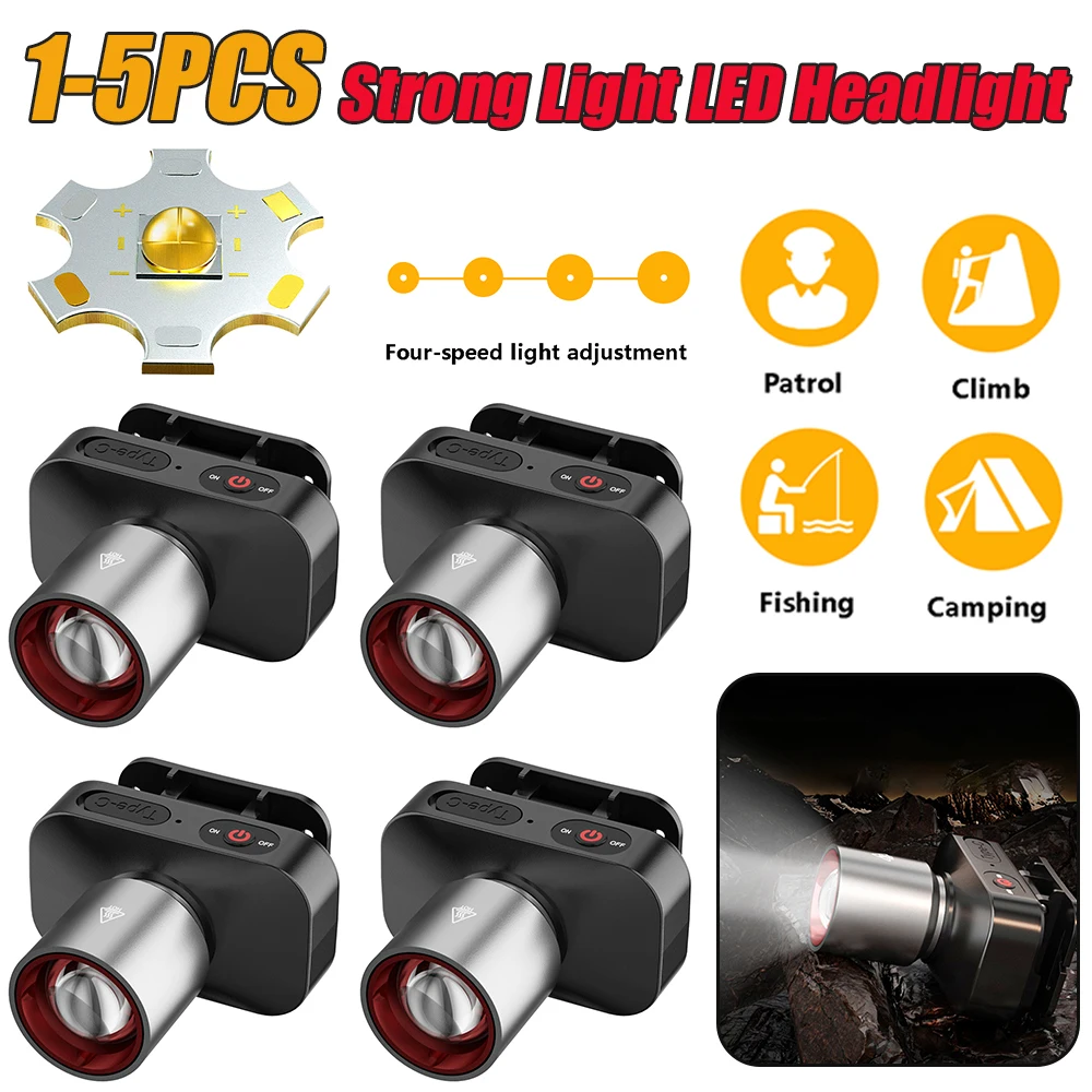 1-5PCS Strong Light LED Headlight Zoom Waterproof Type-C Rechargeable ...