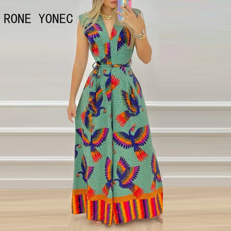 Women-Elegant-All-Over-Print-Tank-Deep-V-Neck-Lace-Up-Sashes-Sexy-Maxi ...