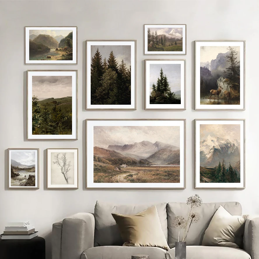Rustic-Mountain-Gallery-Wall-Art-Prints-Vintage-Forest-Landscape-Oil ...