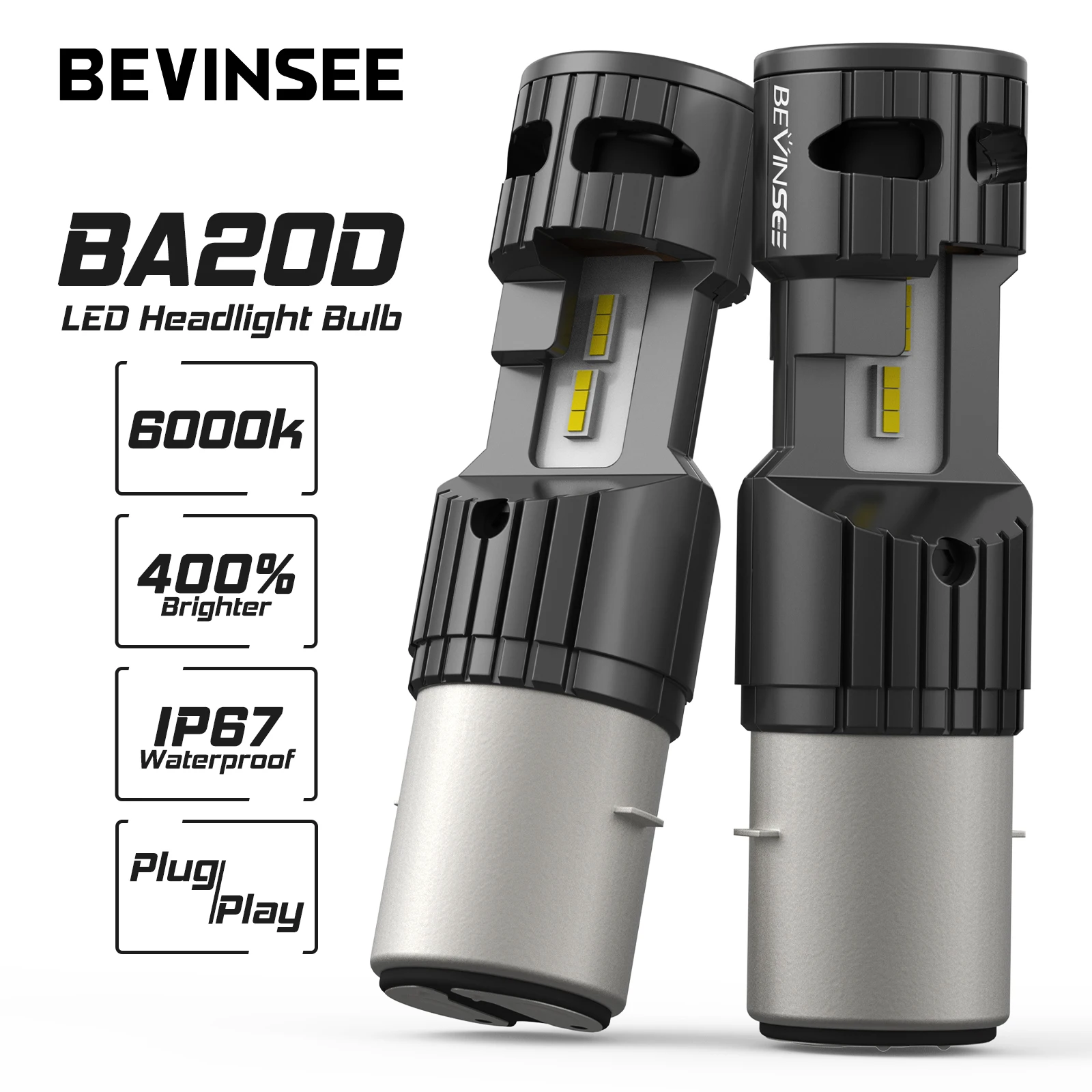 BEVINSEE BA20D H6 LED Motorcycle Light Bulb High&Low Beam Halogen Size ...