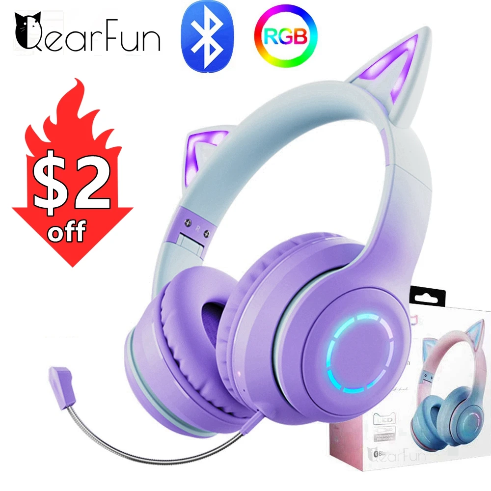 QearFun Gradient Pink Cat ear Headphones with Mic for Kawaii Girls Kids ...