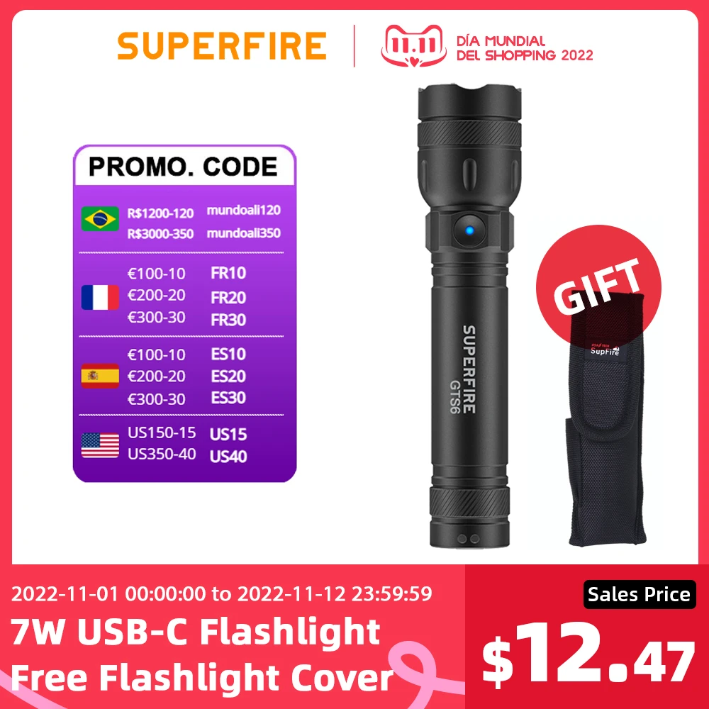 Superfire Gts6 7w Super Powerful Led Flashlight 5 Modes Type-c ...